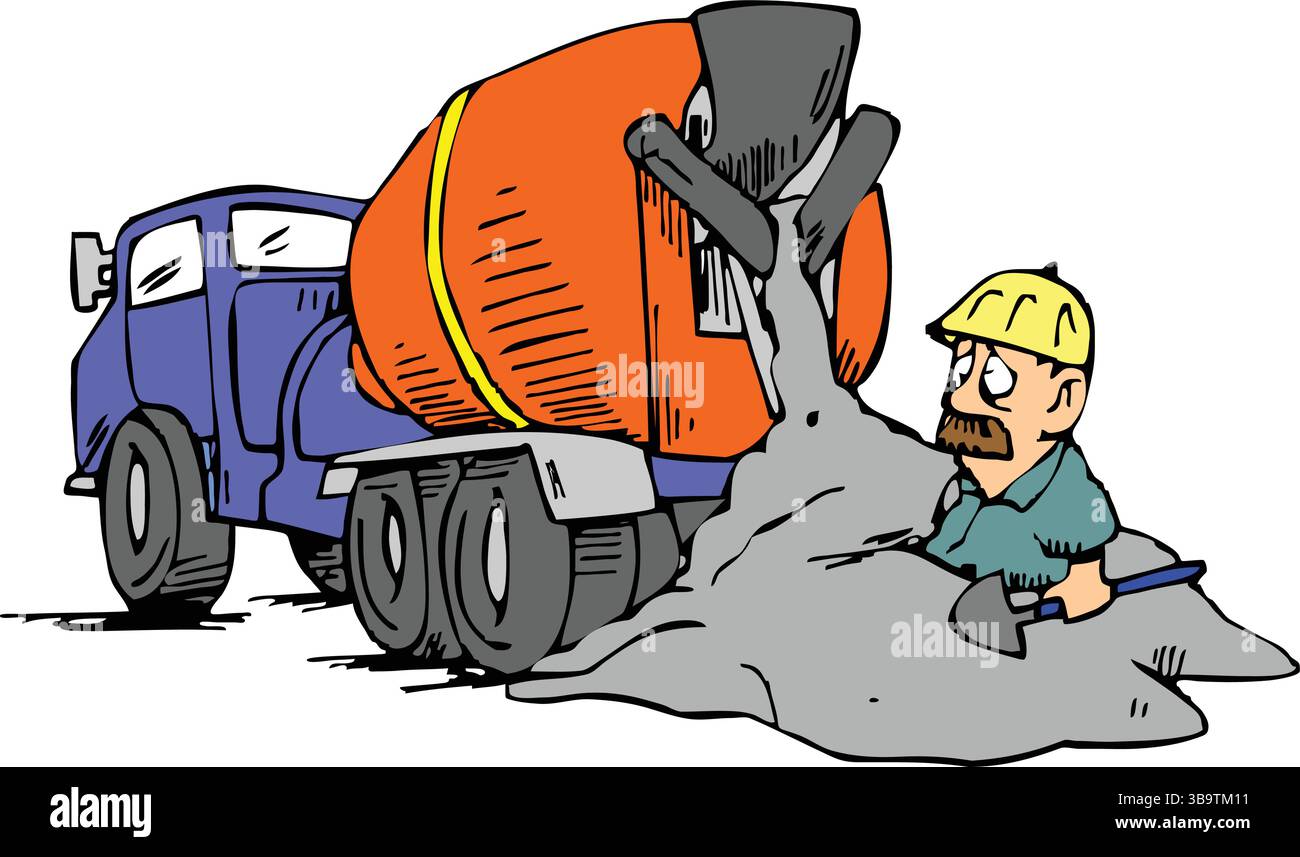 An abstract vector illustration shows a car cement mixer stuck and ...