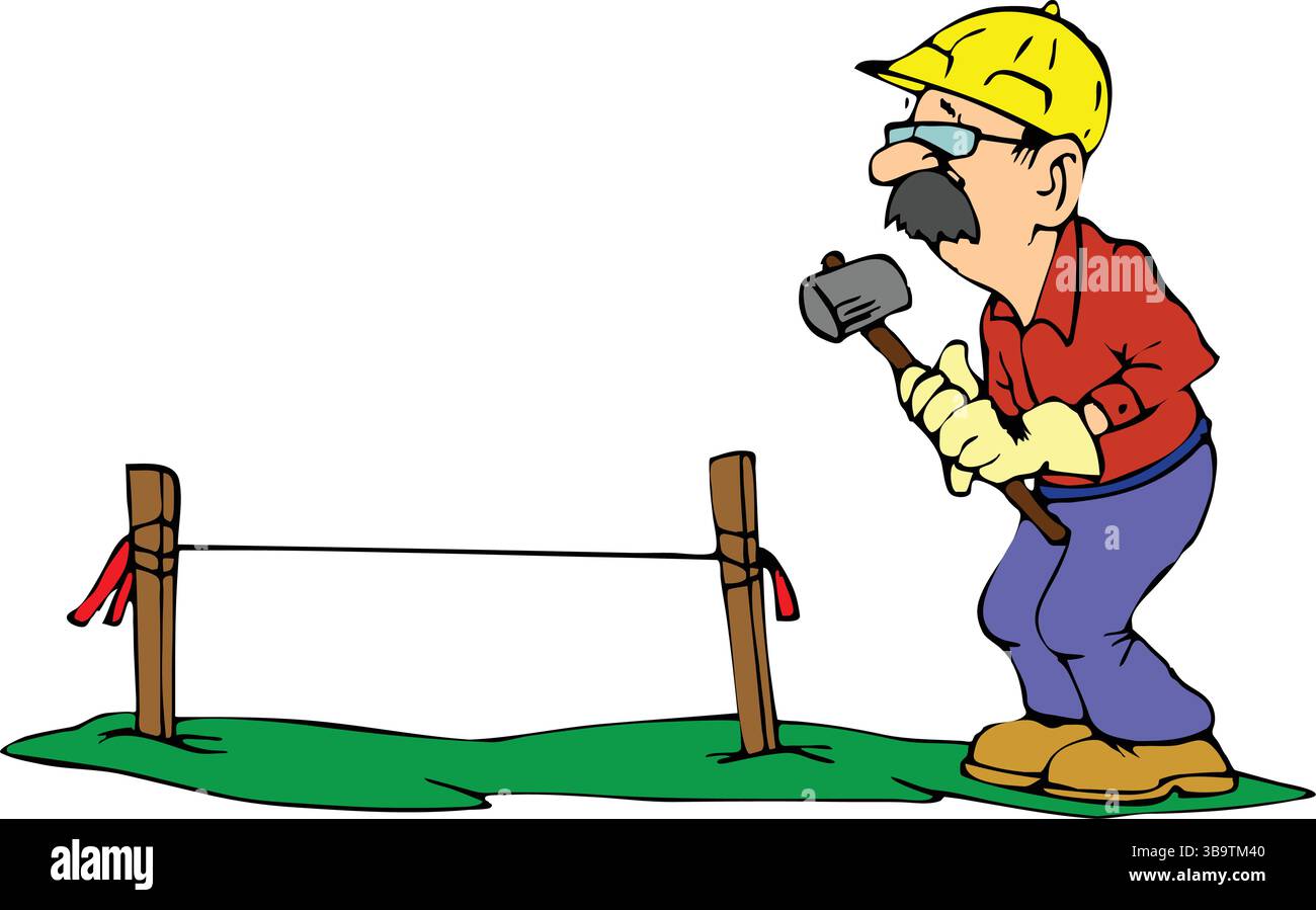 Cartoon builder swinging a post maul to drive pointed wood fence posts ...