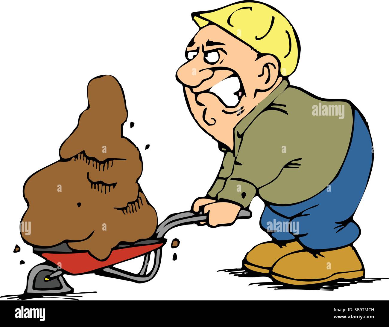 An abstract vector illustration shows a construction worker man pushing ...