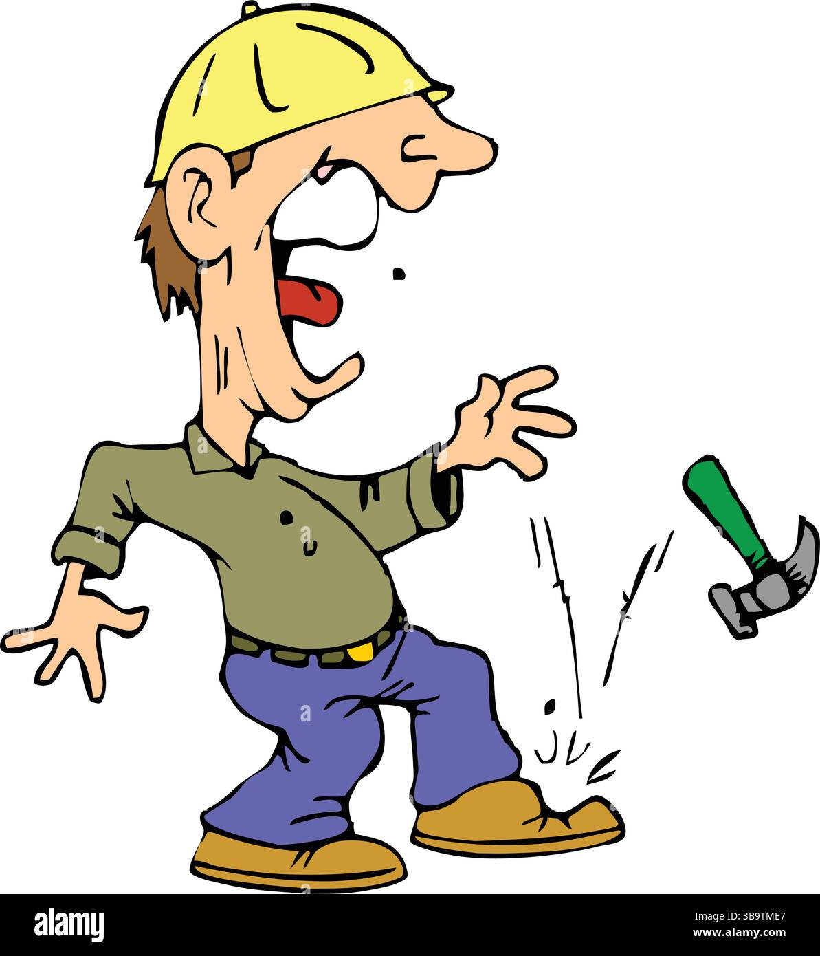 An abstract vector illustration shows a worker injury foot by hammer in ...