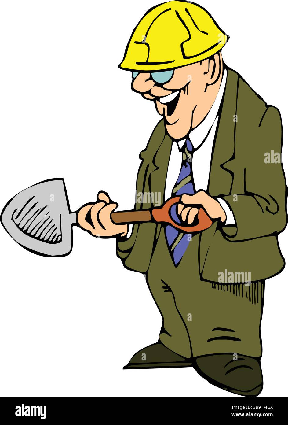 An abstract vector illustration shows a foreman holding shovel and look ...