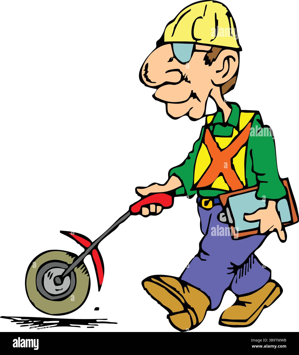 An abstract vector illustration shows a worker checking distances in ...