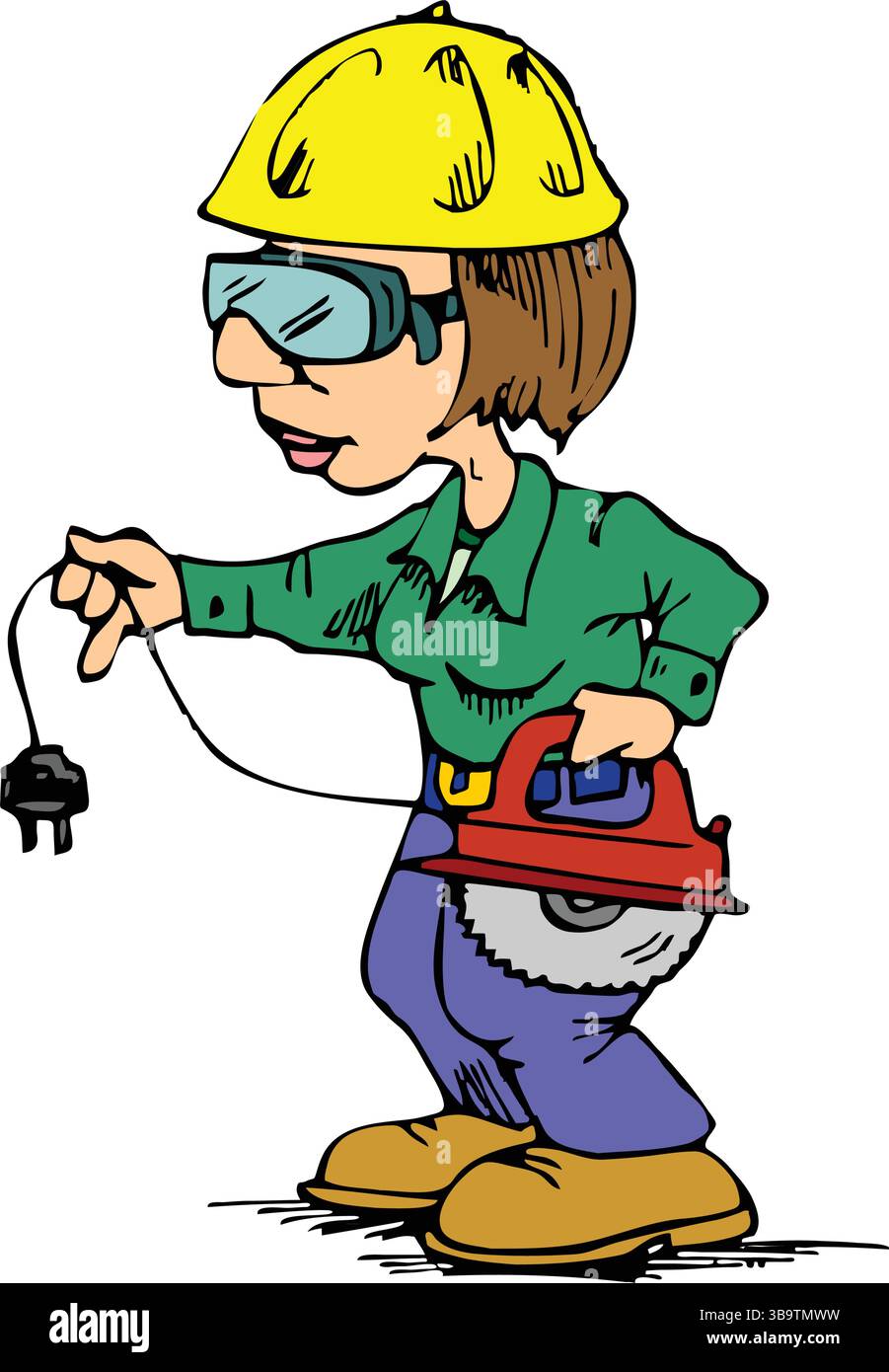 An abstract vector illustration shows a woman carpenter holding ...