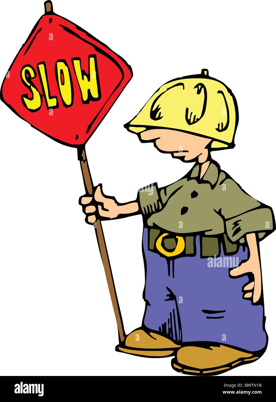 An abstract vector illustration shows a worker holding traffic sign in ...