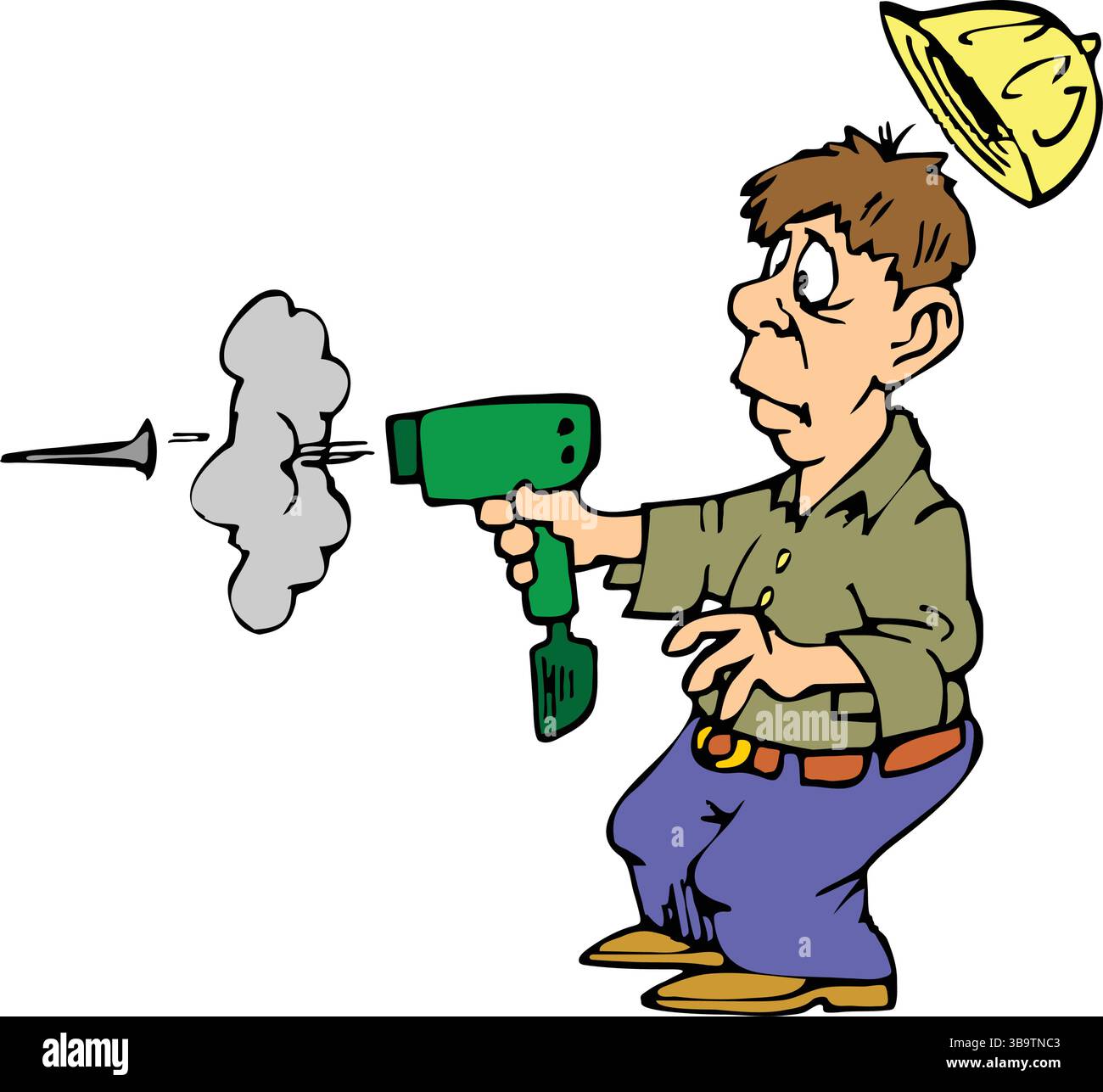 An abstract vector illustration shows a worker using nails gun in ...