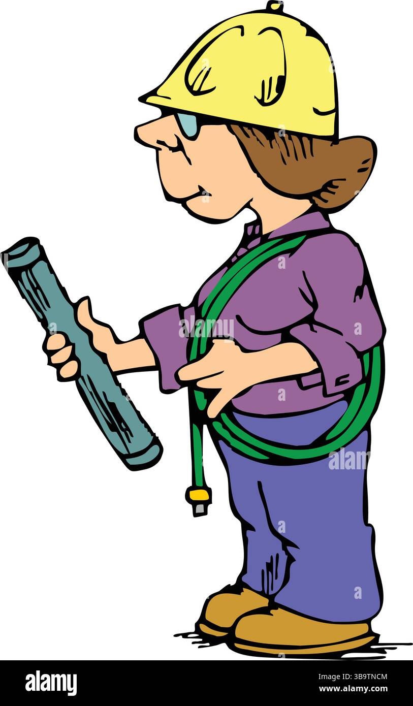 An abstract vector illustration shows a woman worker holding paper roll ...