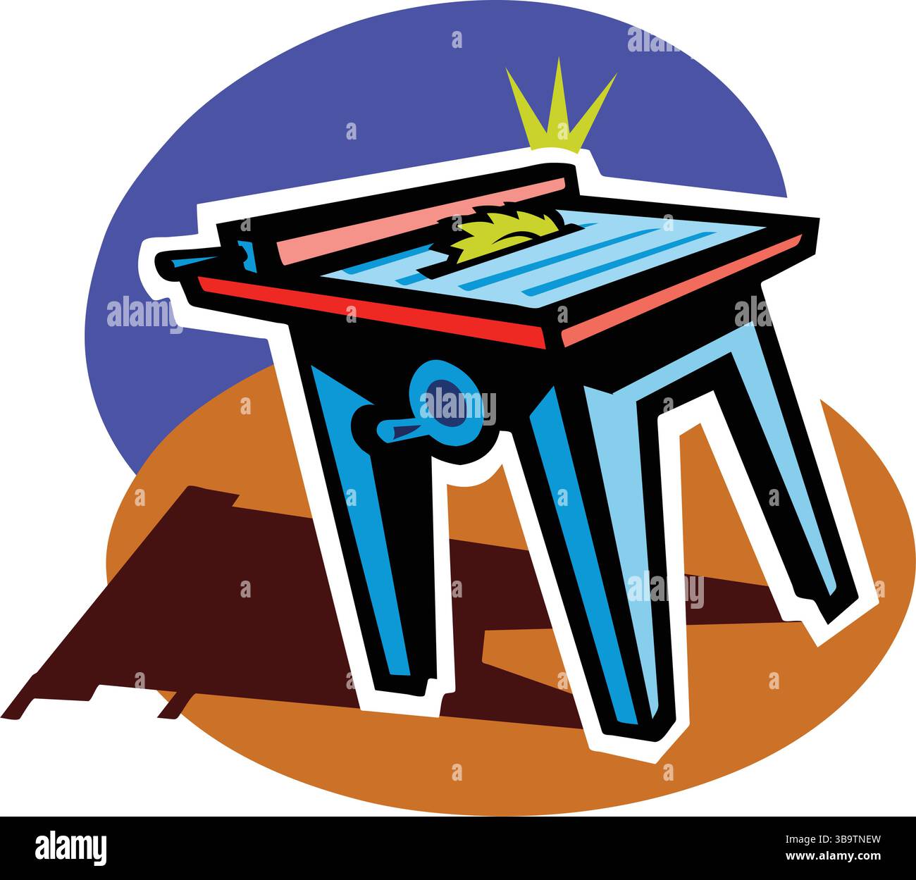 An abstract vector illustration shows a colorfull table saw in cartoon ...