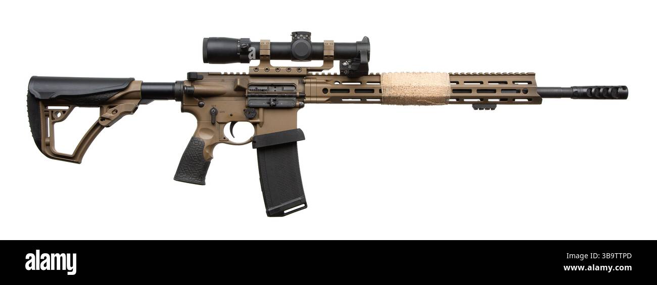 Custom tan AR-style rifle with mounted optic and muzzle brake, isolated ...