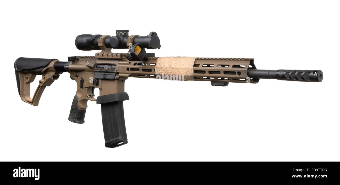 Custom tan AR-style rifle with mounted optic and muzzle brake, isolated ...