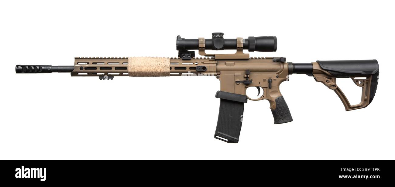Custom tan AR-style rifle with mounted optic and muzzle brake, isolated ...