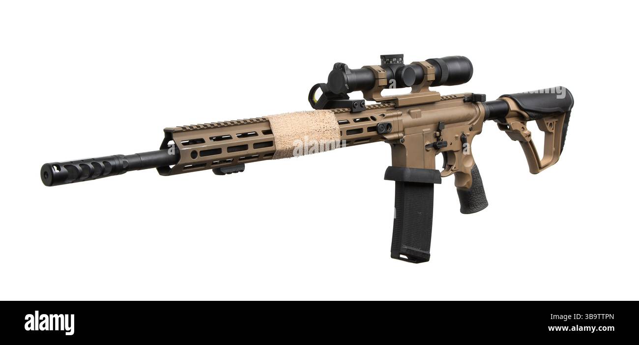 Custom tan AR-style rifle with mounted optic and muzzle brake, isolated ...