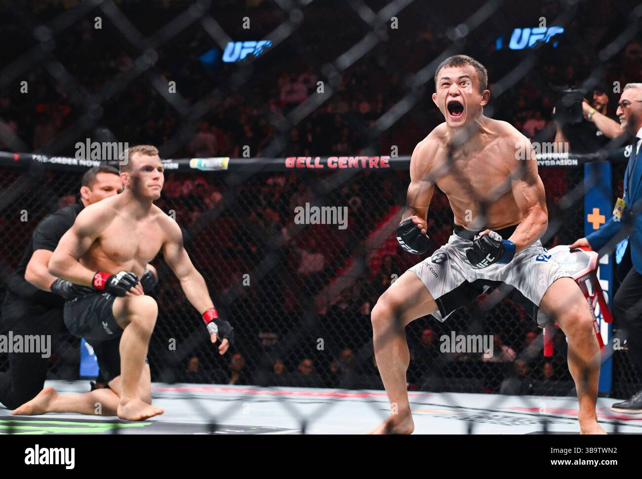 Bekzat Almakhan, right, reacts after knocking out Brad Katona, front ...