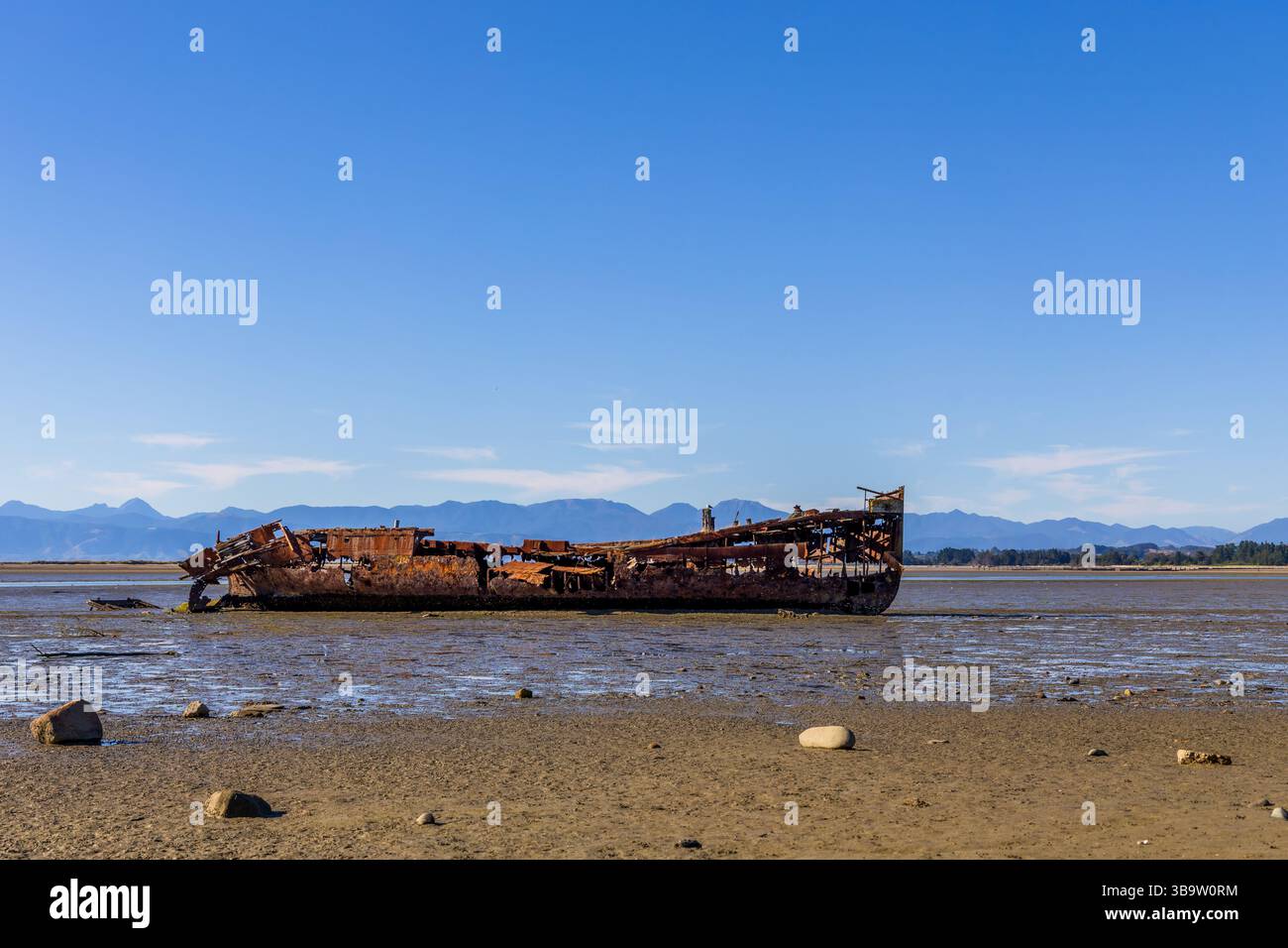 The rusted and abandoned Janie Seddon shipwreck in Port Motueka, Nelson ...