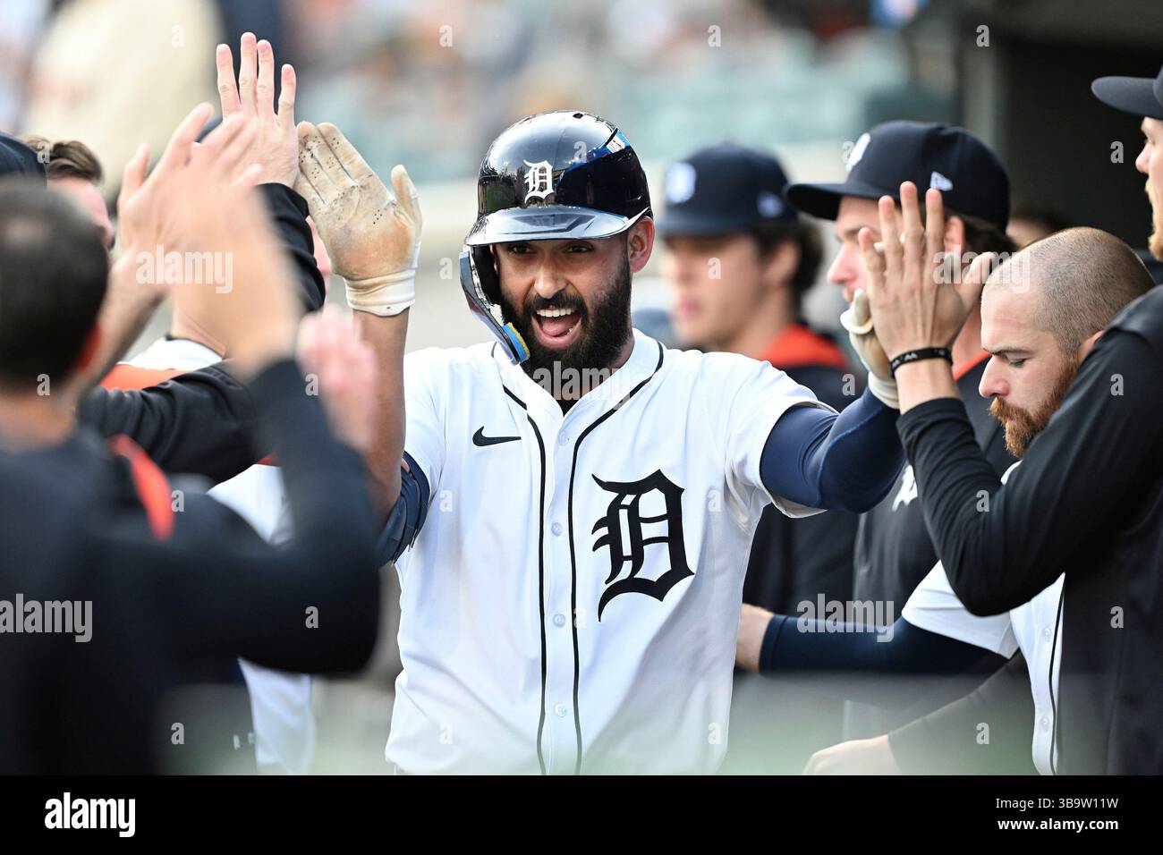 Detroit Tigers' Riley Greene, center, celebrates in the dugout after ...