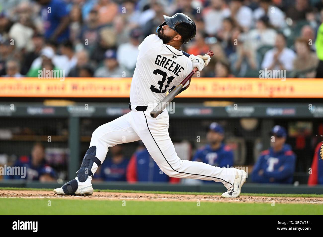 Detroit Tigers' Riley Greene hits a solo home run against the Texas ...