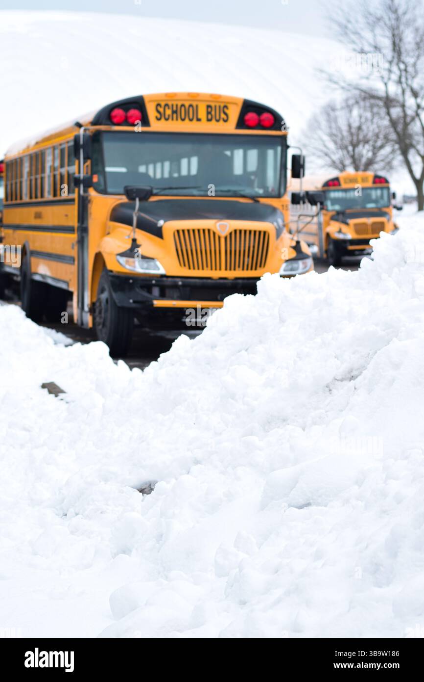 A mountain of snow in front of a blurry school bus Stock Photo - Alamy