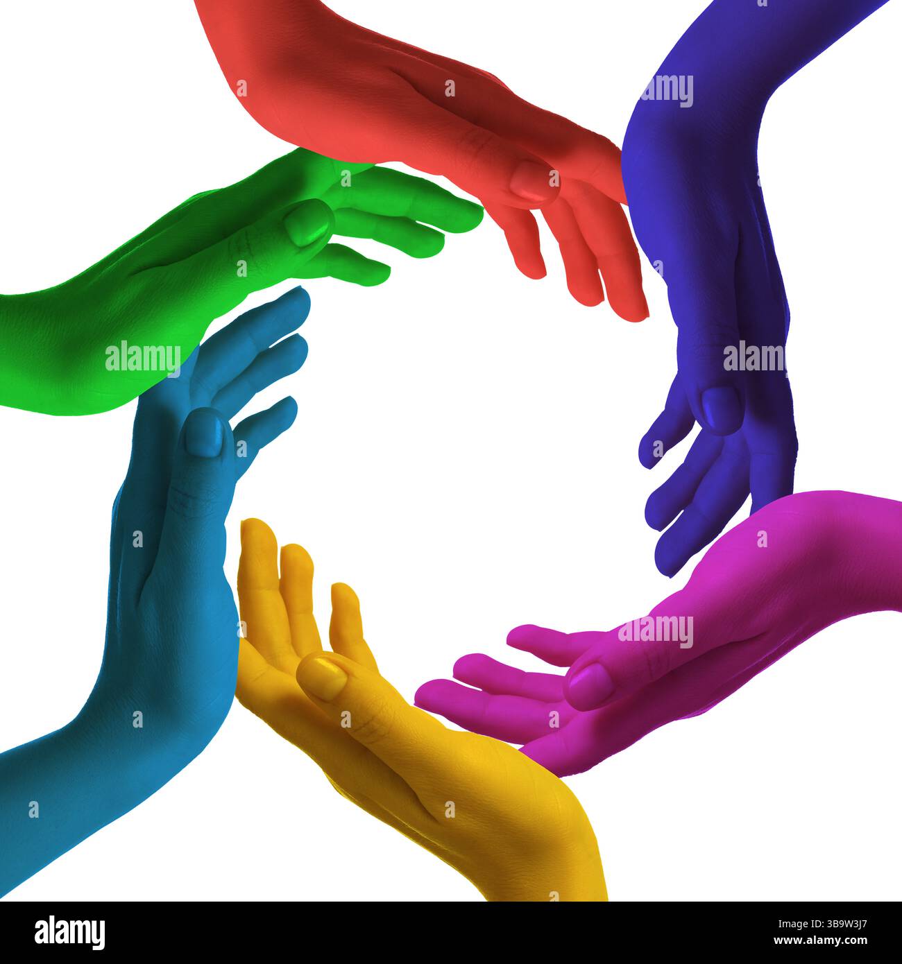 Making circle of human hands painted in different colors on white ...