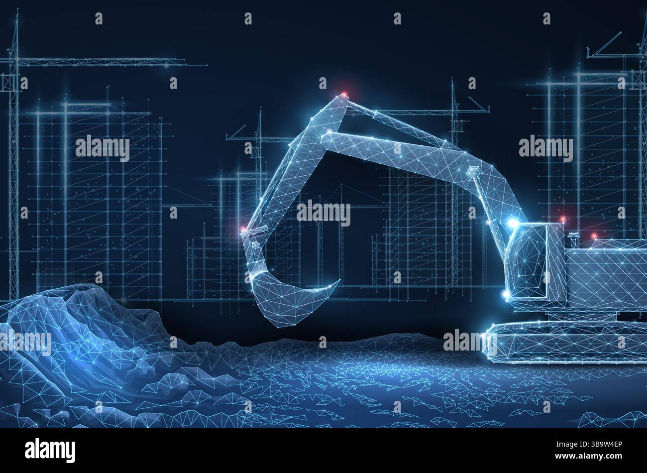 Digital construction site sketch with excavator. Building 3D Printing, Building Information ...