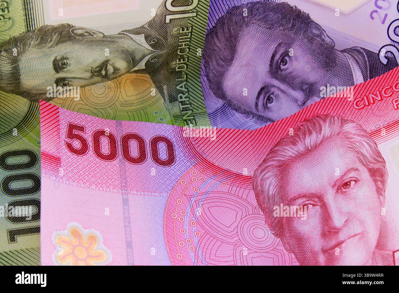 Chilean banknotes de one thousand, two thousand and five thousand pesos ...
