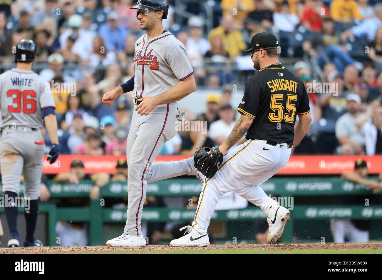 PITTSBURGH, PA - MAY 10: Matt Olson #28 of the Atlanta Braves scores on ...