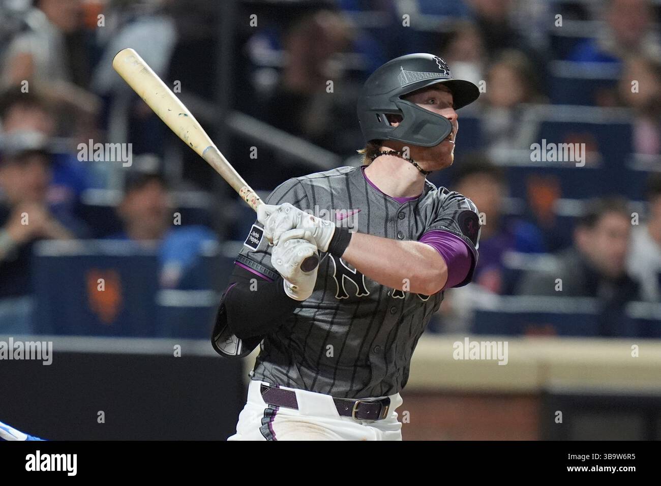 New York Mets' Brett Baty follows through on a two-run home run during ...