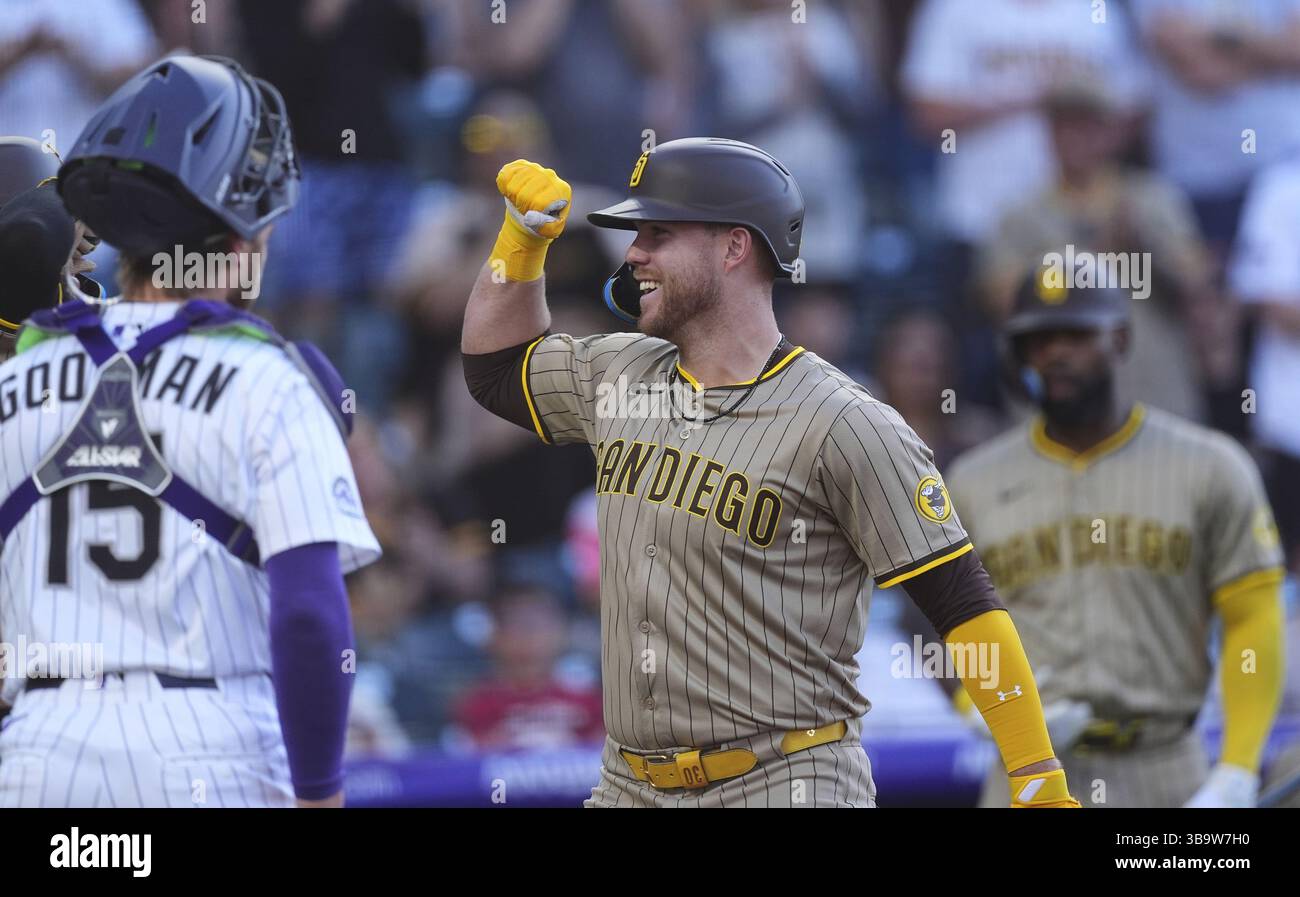 San Diego Padres' Gavin Sheets, front right, celebrates as he crosses ...