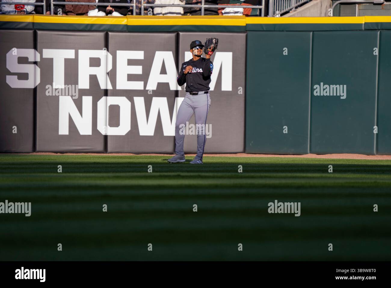 CHICAGO, IL - MAY 10: Dane Myers #54 of the Miami Marlins catches a fly ...