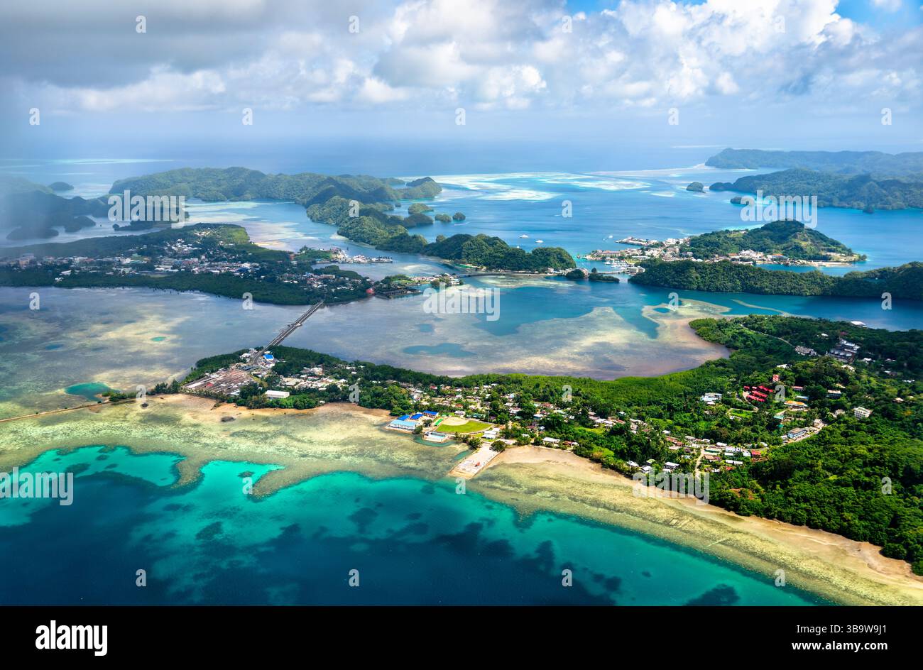 Aerial panoramic view of Palau with Koror and Ngerekebesang Islands in ...