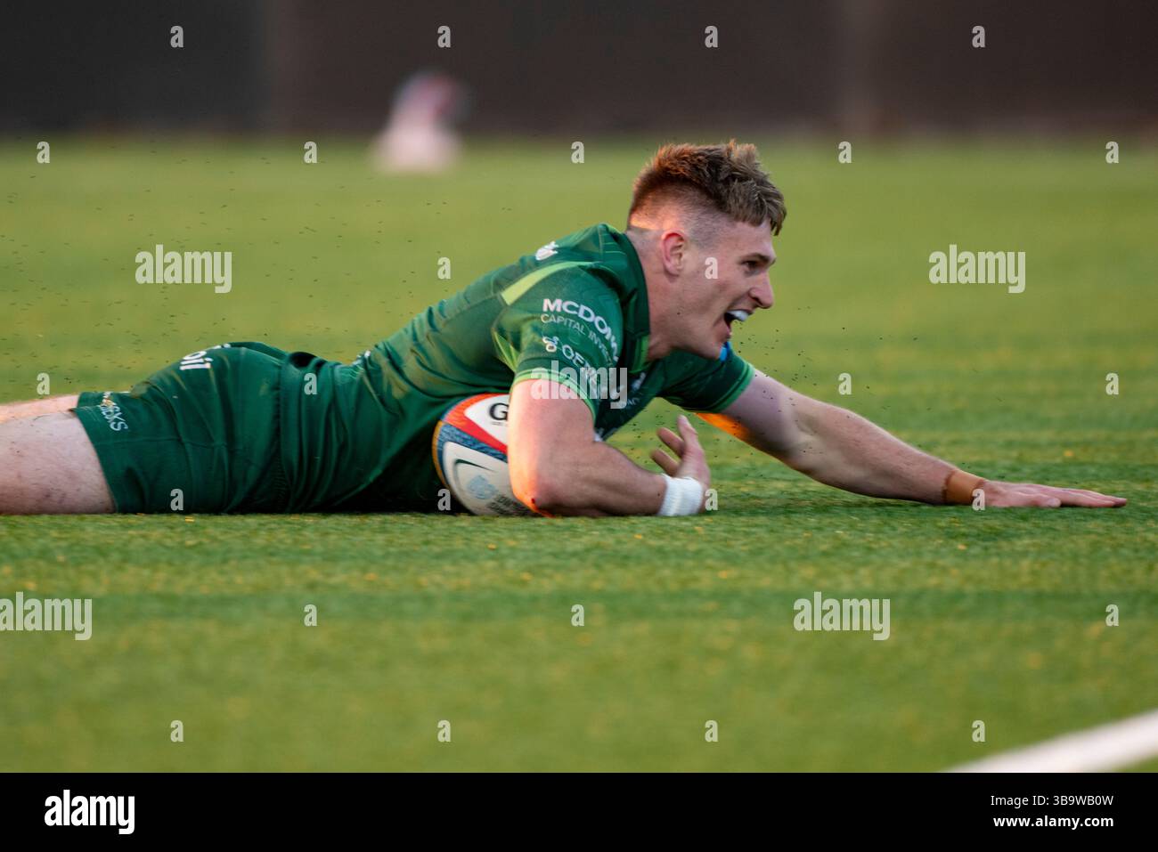 Galway, Ireland. 11th May, 2025. Finn Treacy of Connacht scores a try ...