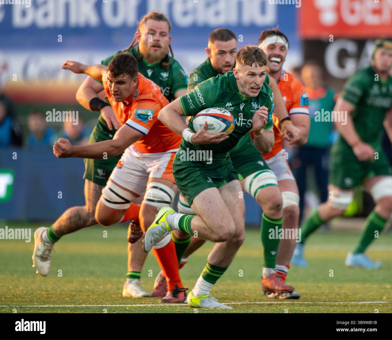 Galway, Ireland. 11th May, 2025. Finn Treacy of Connacht runs with the ...