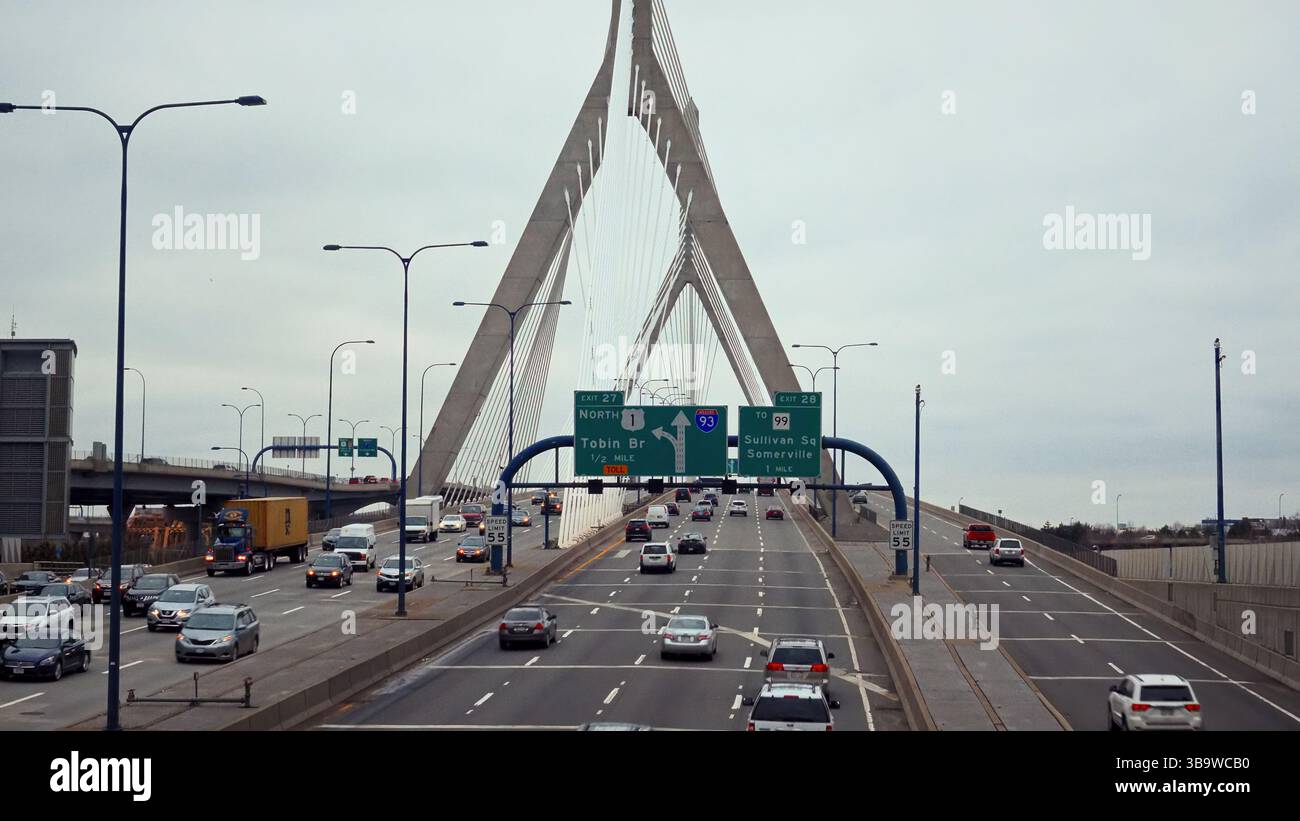 BOSTON, USA - APRIL 3, 2017 - Traffic crossing the Tobin Bridge in ...