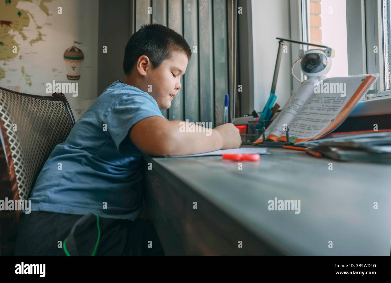 asian boy write in notebook, homework beside open textbook on desk ...