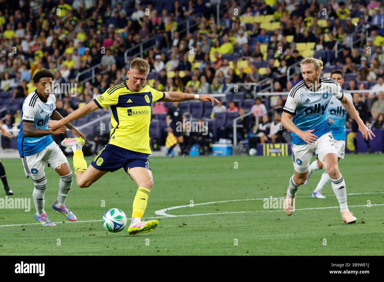 NASHVILLE, TN - MAY 10: Nashville SC forward Sam Surridge #9 takes a shot in front of Charlotte ...