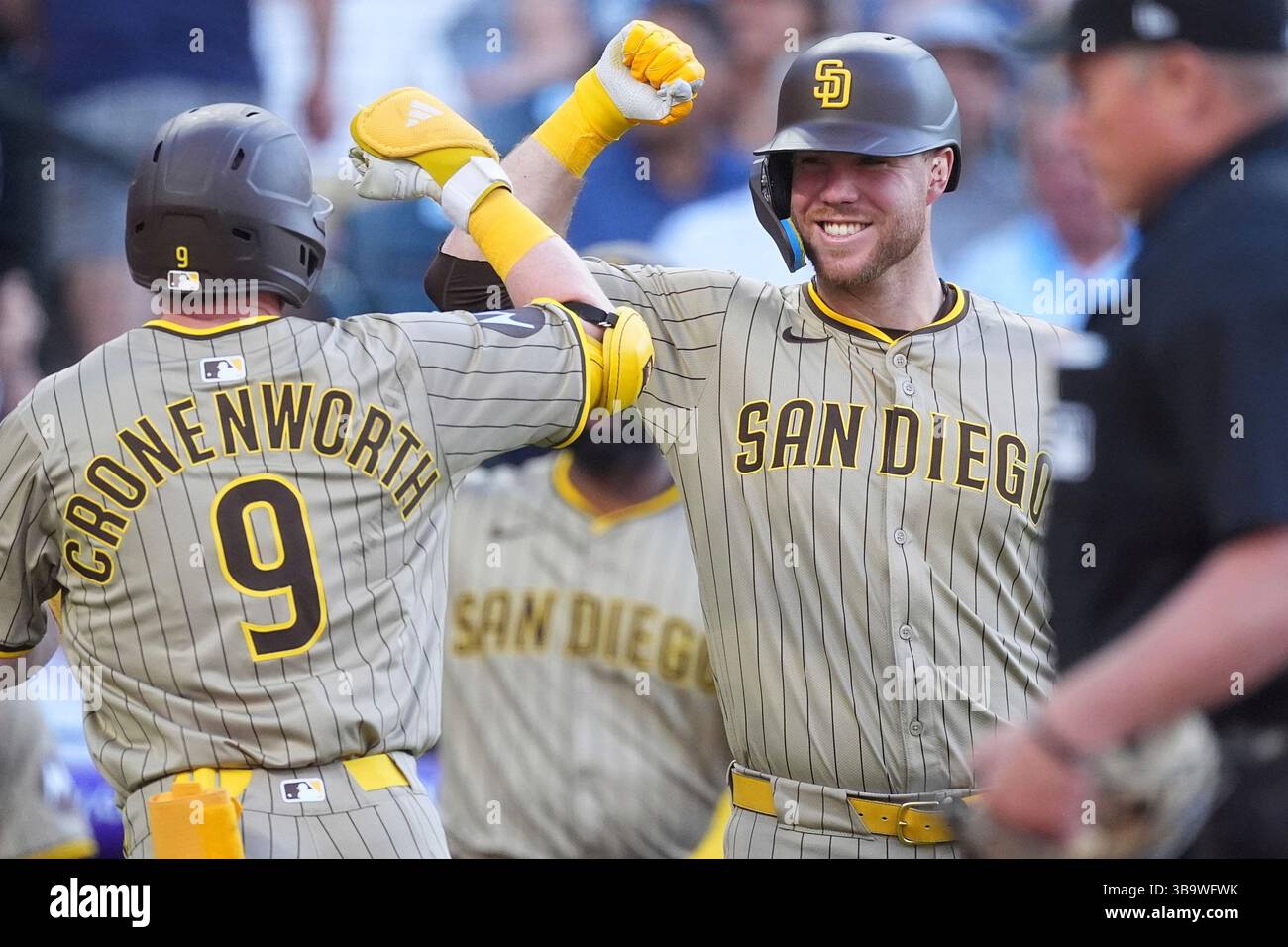 San Diego Padres' Gavin Sheets, right, congratulates Jake Cronenworth ...