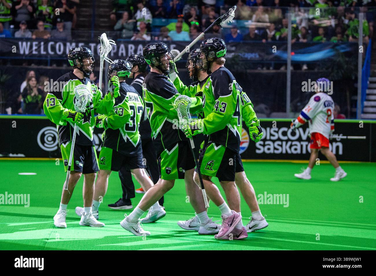 Saskatoon, Canada. 10th May, 2025. The Saskatchewan Rush celebrate a ...