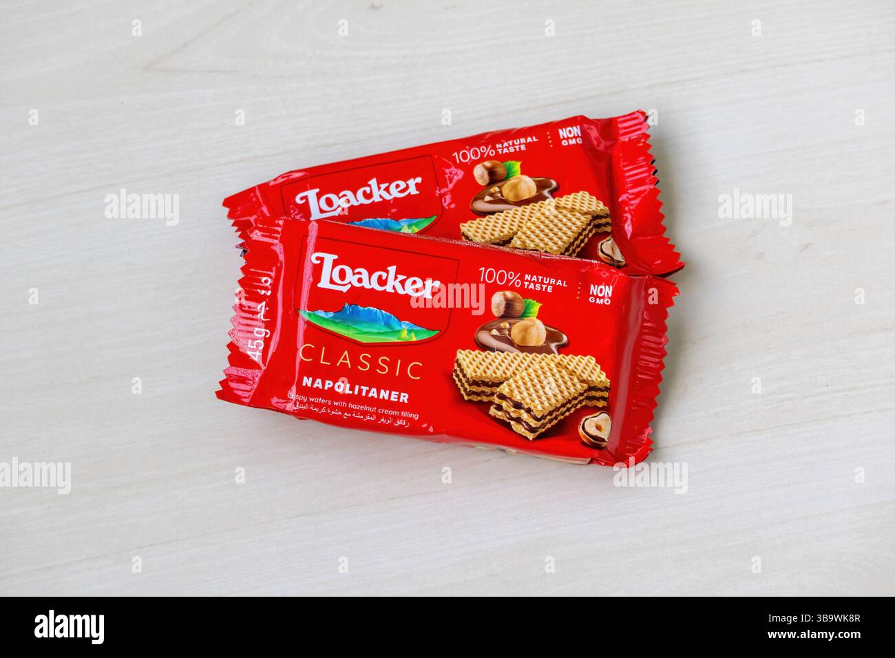 Two Loacker Classic Napolitaner crispy wafers with hazelnut cream ...