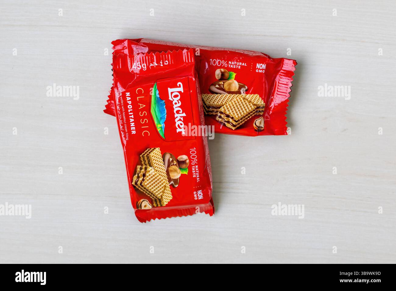 Two 45gm packets of Loacker Classic Napolitaner crispy wafers with ...