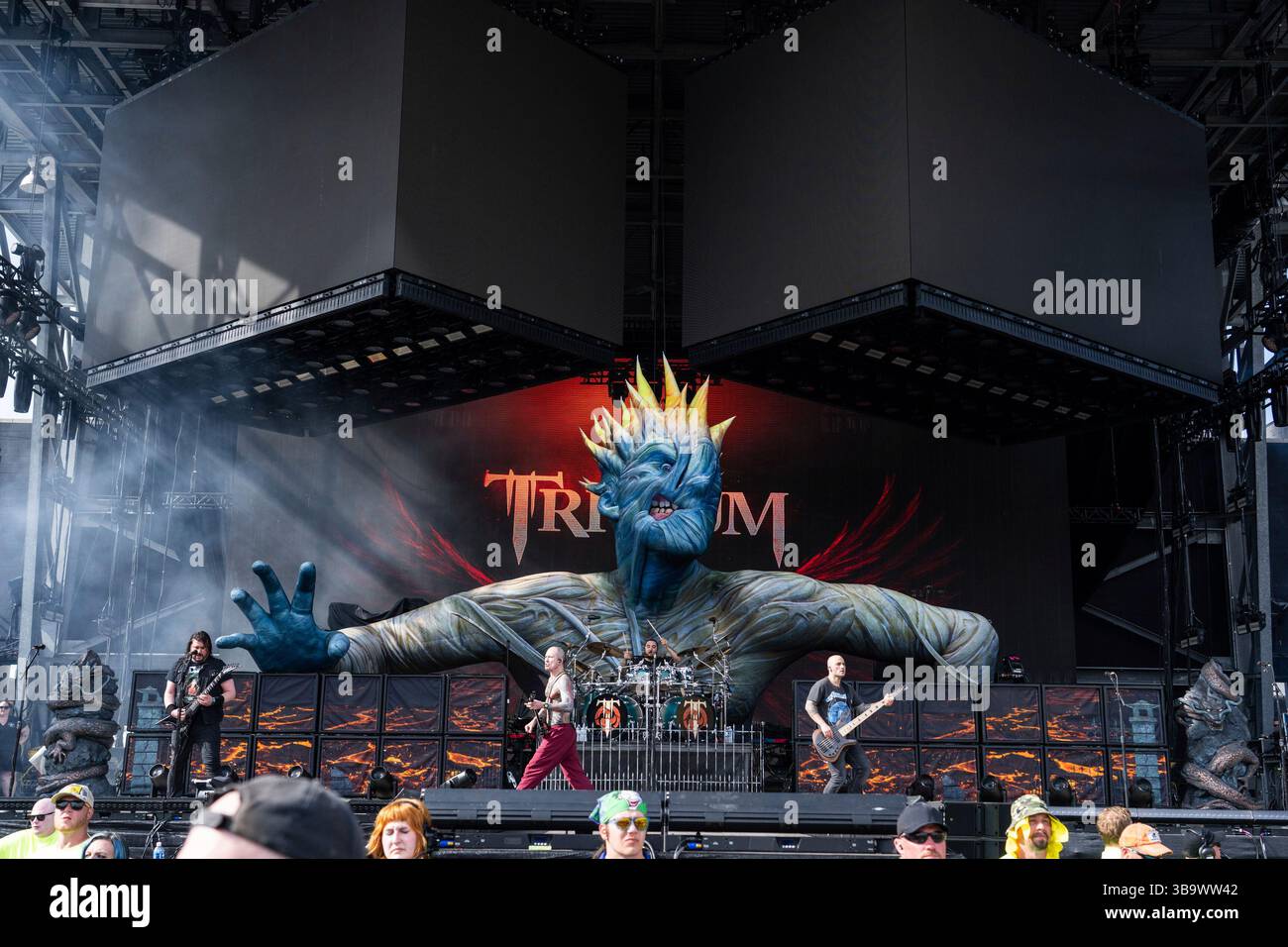 Corey Beaulieu, from left, Matt Heafy, Alex Bent, and Paolo Gregoletto of Trivium perform during ...