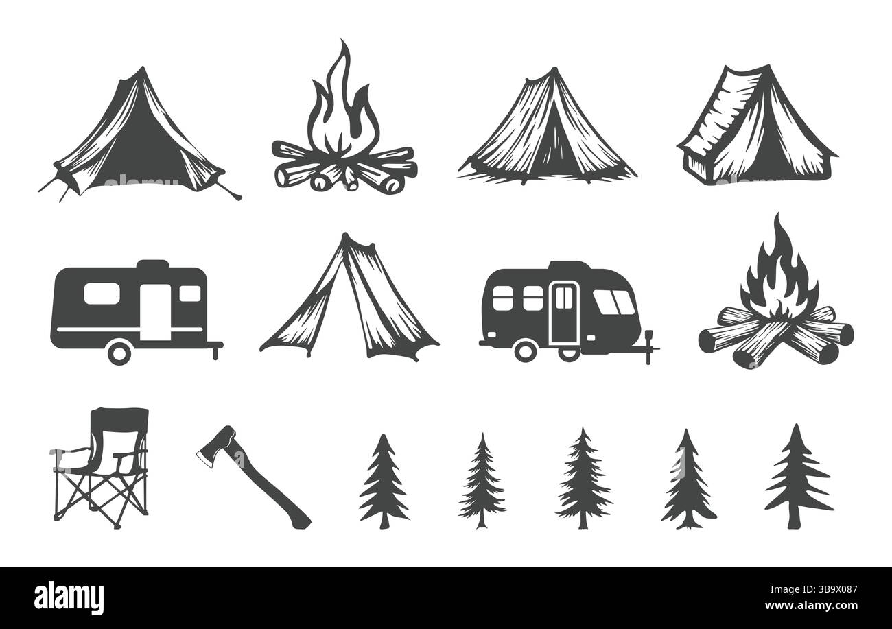 Campfire svg bundle, Campfire silhouette, Camping tent, car, chair, axe ...