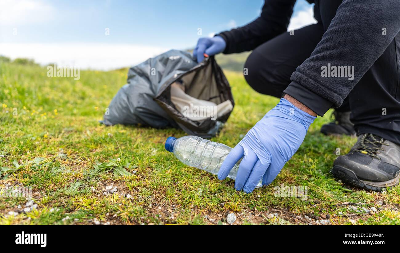 Volunteer man in blue gloves picking up garbage from the field and ...