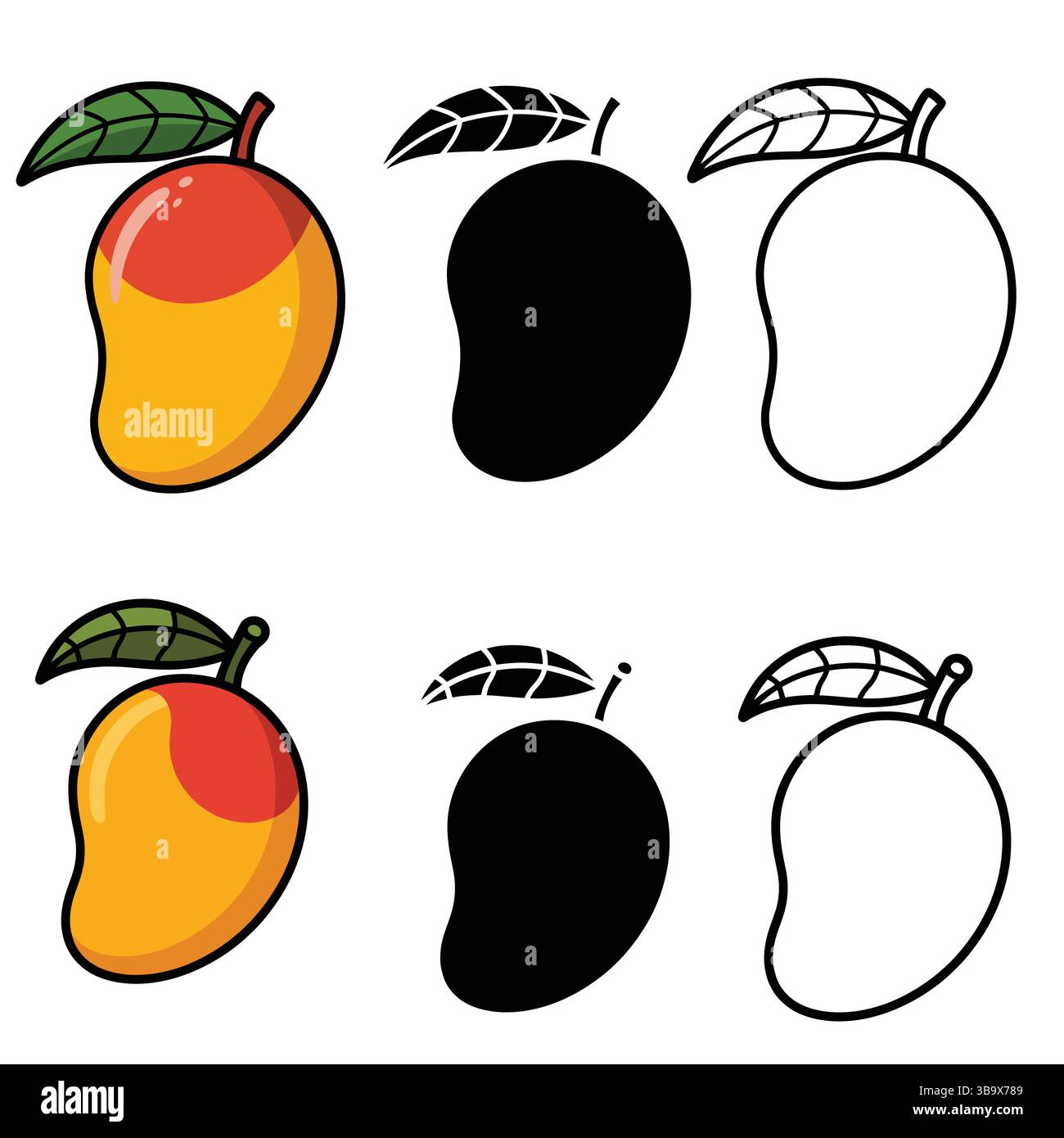 Mango Fruit Illustration Set Color Outline Silhouette, Line Art Mangoes ...