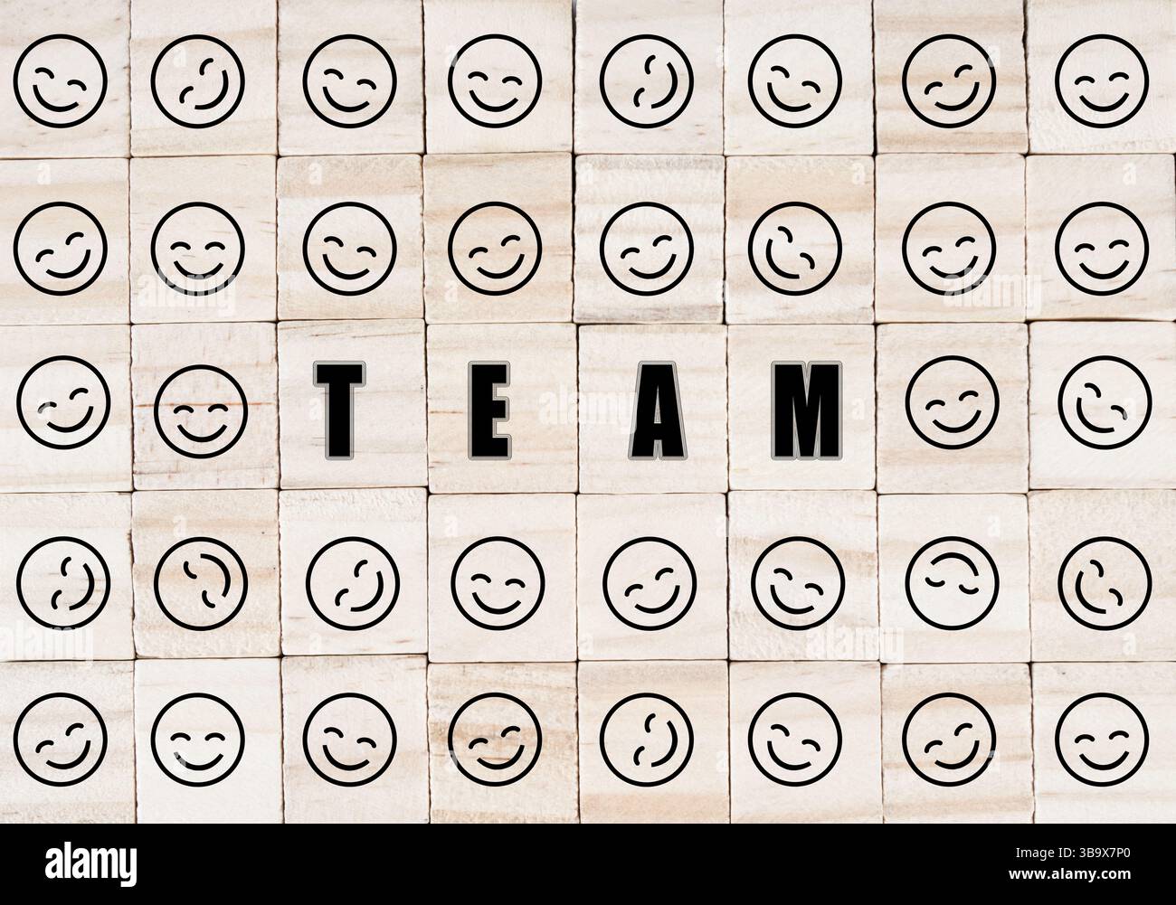 Wooden blocks arranged to form the word TEAM surrounded by smiling face ...