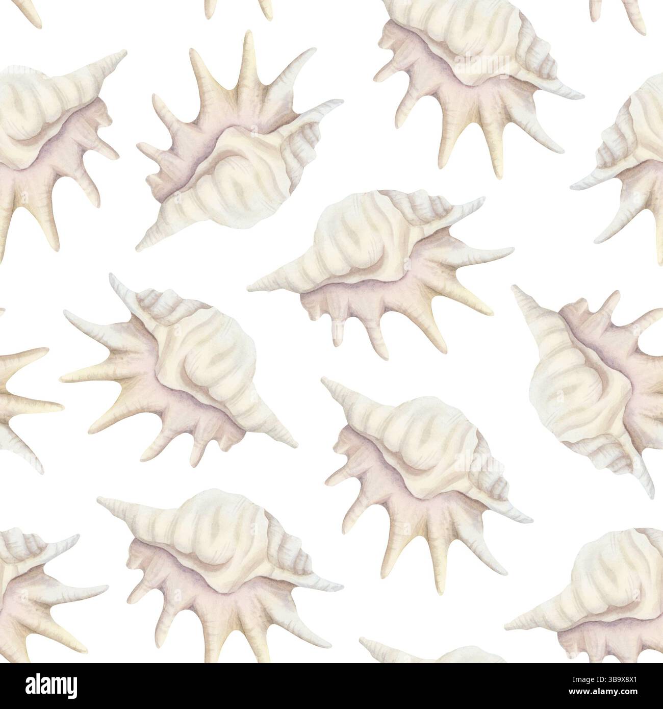 Pastel beige seashell seamless pattern with watercolor sea snail shells ...