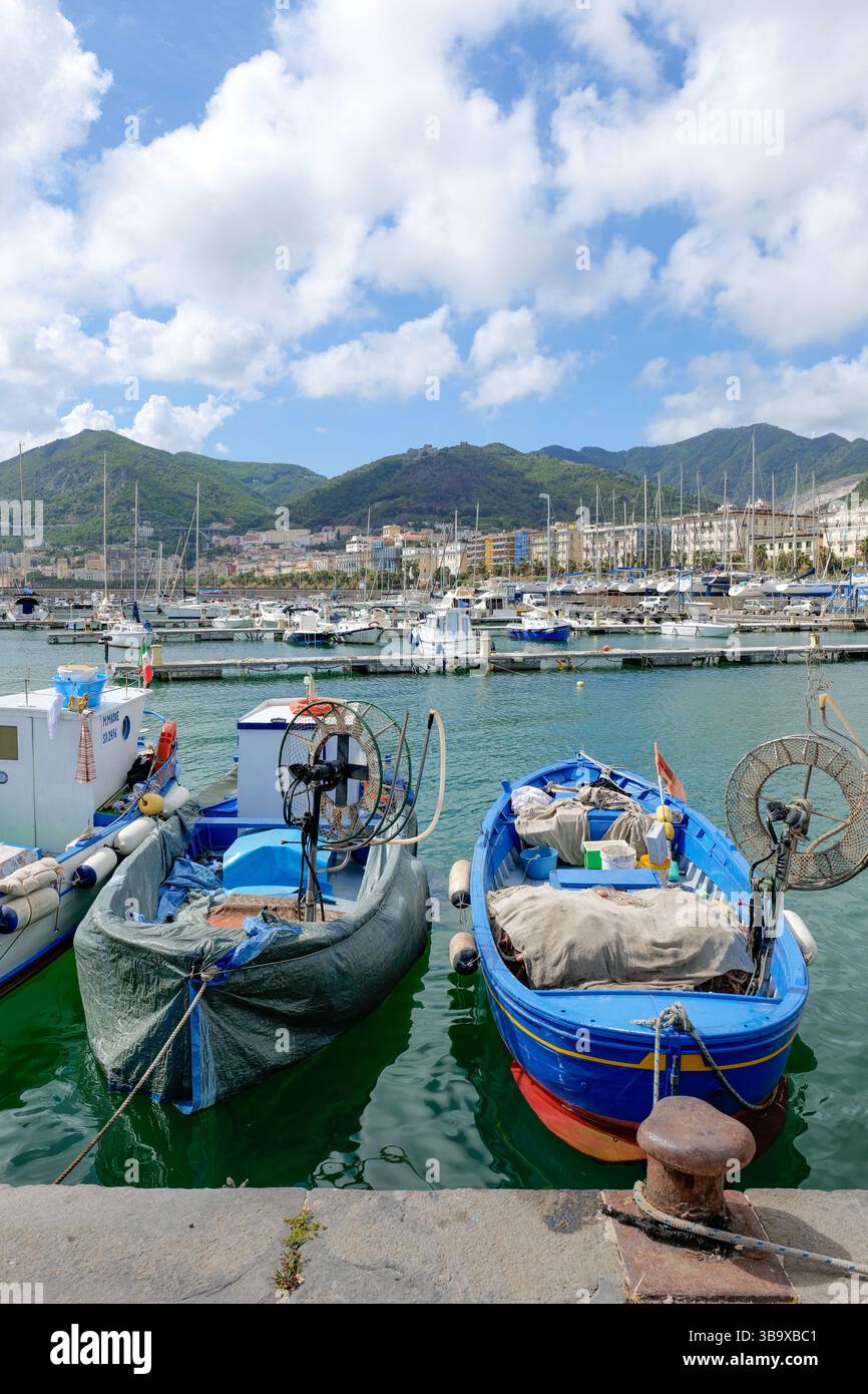 View of the waterfront and the port of Salerno, the Campania city in ...