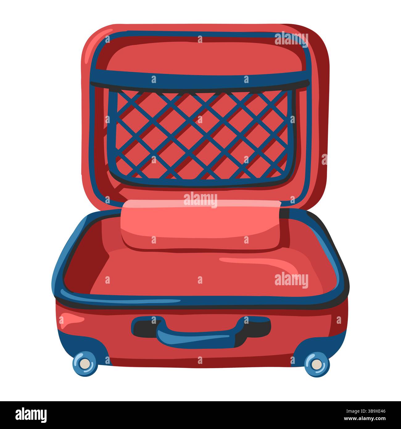 Cartoon open empty travel suitcase with mesh pocket. Vector isolated ...