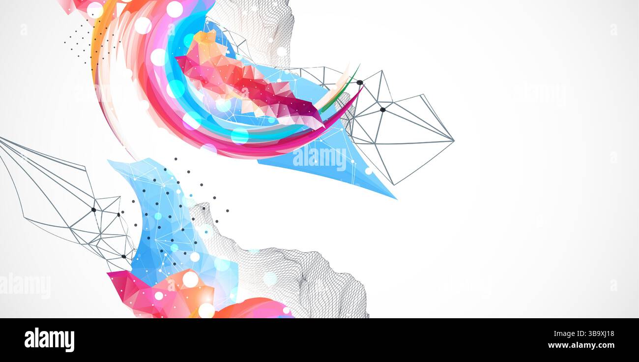 Abstract artwork with colorful waves, polygonal shapes and wireframe ...