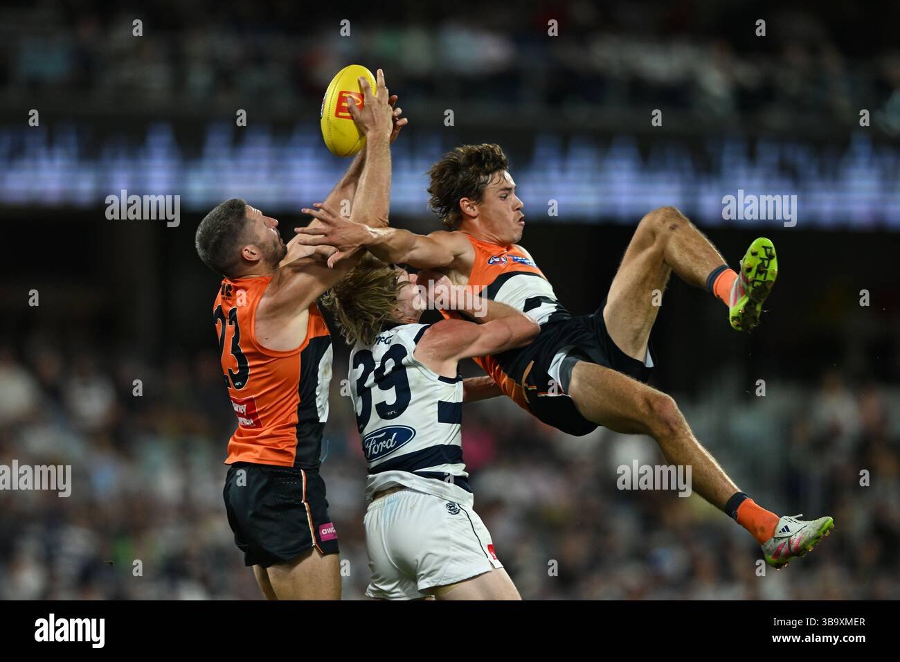Geelong, Australia. 11th May, 2025. Jesse Hogan of the Giants (left ...