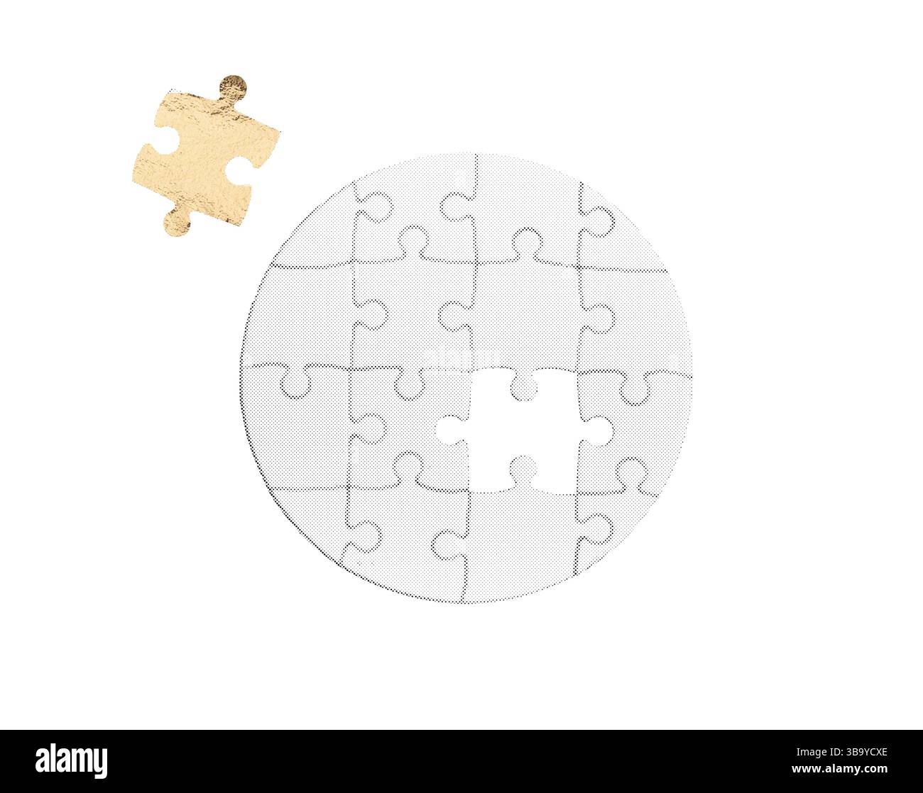 Golden round puzzle with a missing piece, symbolizing completion and ...