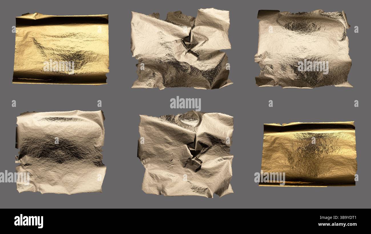 Torn and crumpled foil with metallic texture, rugged edges and fine ...