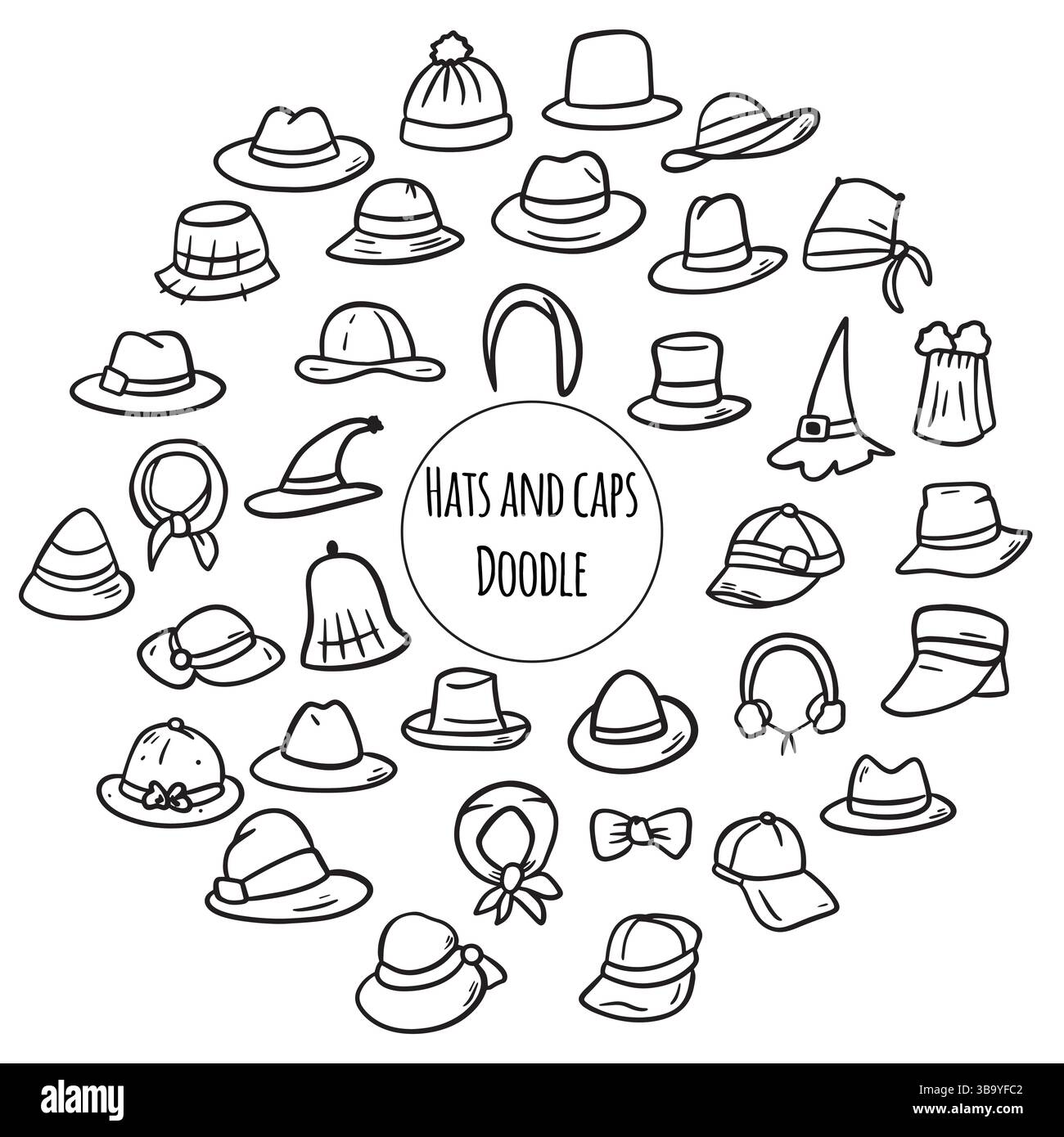 Hats and caps doodle illustration. Thin line art about clothes. Hand ...